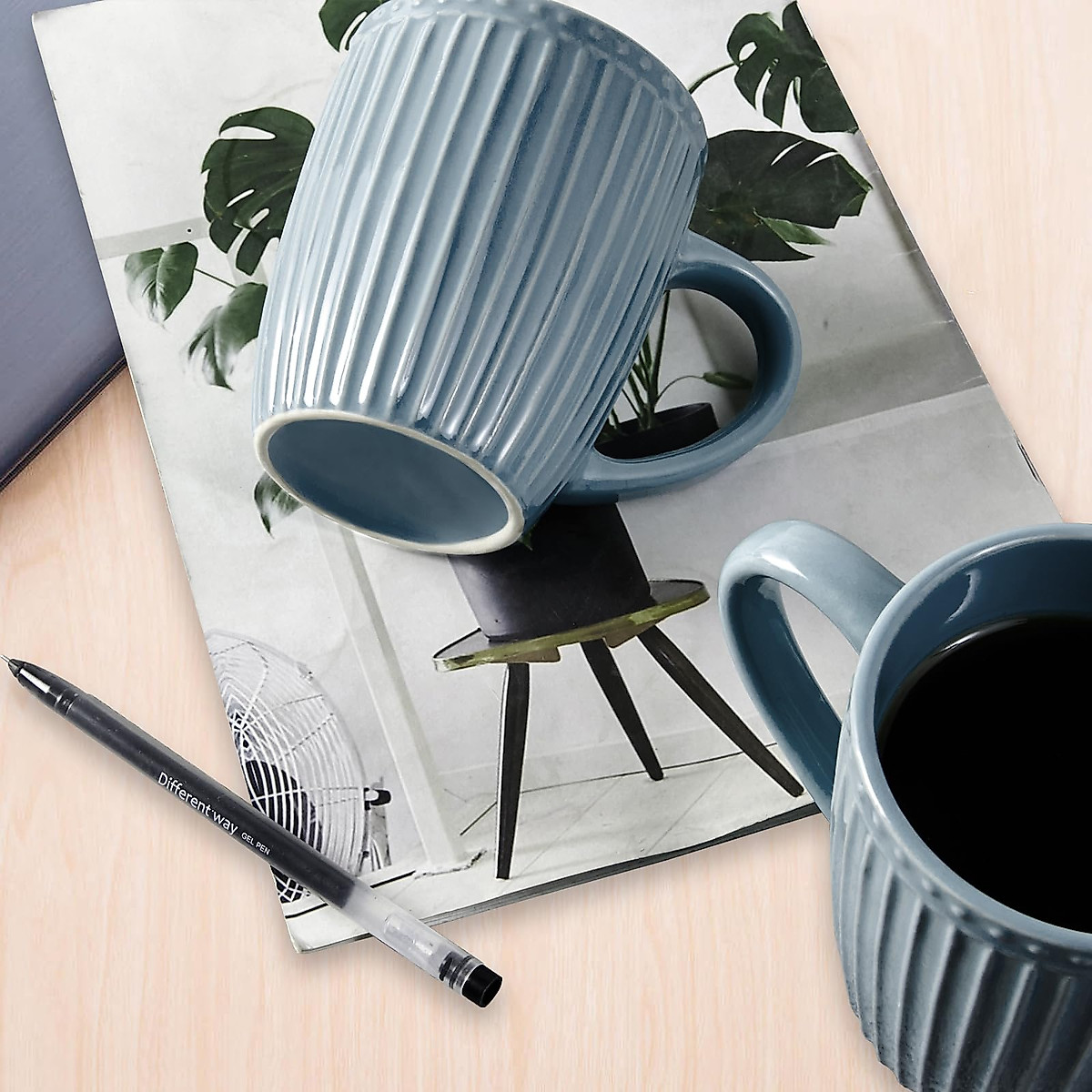 wocaxc Coffee Mugs Set of 6, 12 oz Fluted Coffee Mugs for Men Women, Modern Coffee Mugs with handle for Tea/Latte/Cappuccino/Cocoa.Microwave & Dishwasher Safe,Housewarming Gift (Grey)