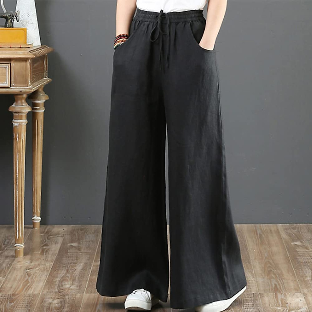 OBEEII Womens Casual Elastic High Waisted Wide Leg Loose Palazzo Pants Trousers with Pockets Black XL