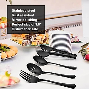 Homikit 8-Piece Stainless Steel Large Serving Spoons, Slotted Serving Spoons, Serving Forks, Serving Tongs, Black Metal Catering Banquet Buffet Party Serving Utensils, Mirror Polished, Dishwasher Safe