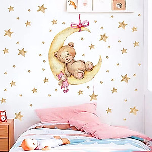 Teddy Bear with Stars Wall Stickers Vinyl Decal Baby Room Decor Nursery Interior Decoration Teddy Bear Wall Decals (Gold)