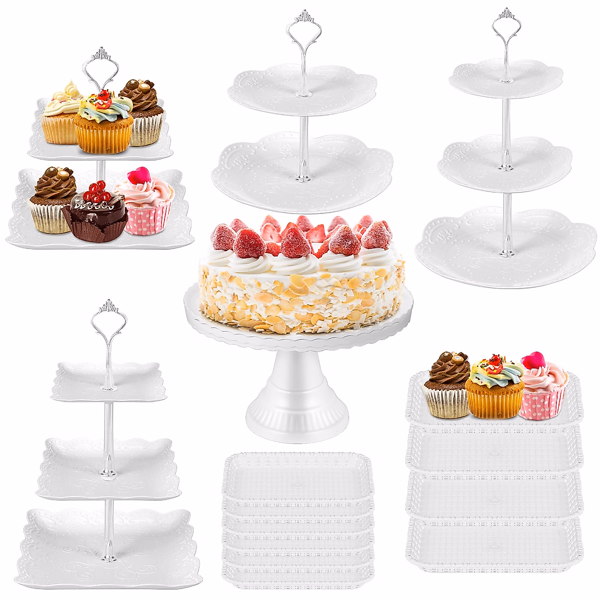 Zhehao 15 Pcs Dessert Table Display Set Tiered Cupcake Stands Serving Tray Plastic 2 Tier 3 Tier Cake Stands Round Cake Stand Candy Fruit Display Tower for Wedding Birthday Party (Silver, White)