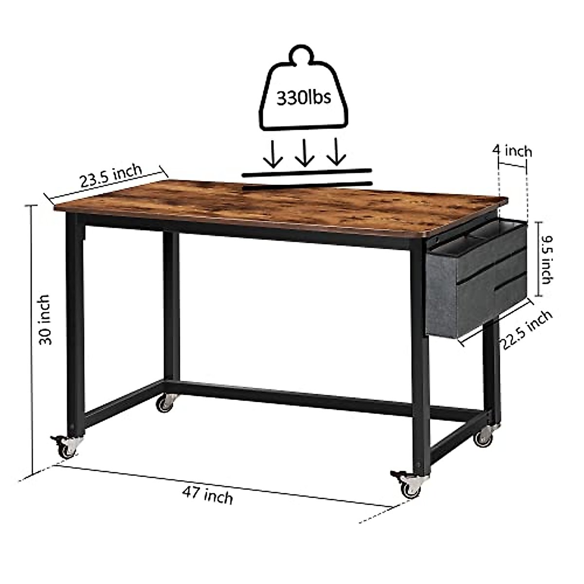 AHB 47" Rolling Computer Desk with 4 Smooth Wheels and 3 Iron Hooks, Simple Style Mobile Writing Desk Home Office Study Table Movable Workstation with Metal Frame