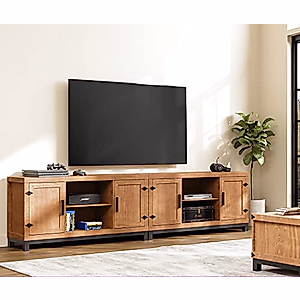 Modern Farmhouse Barn Door TV Stand for 100 inch TV Entertainment Center, Wood TV Media Console Table Cabinet for 80 85 90 with Adjustable Shelf and Metal Legs for Living Room Bedroom, Oak