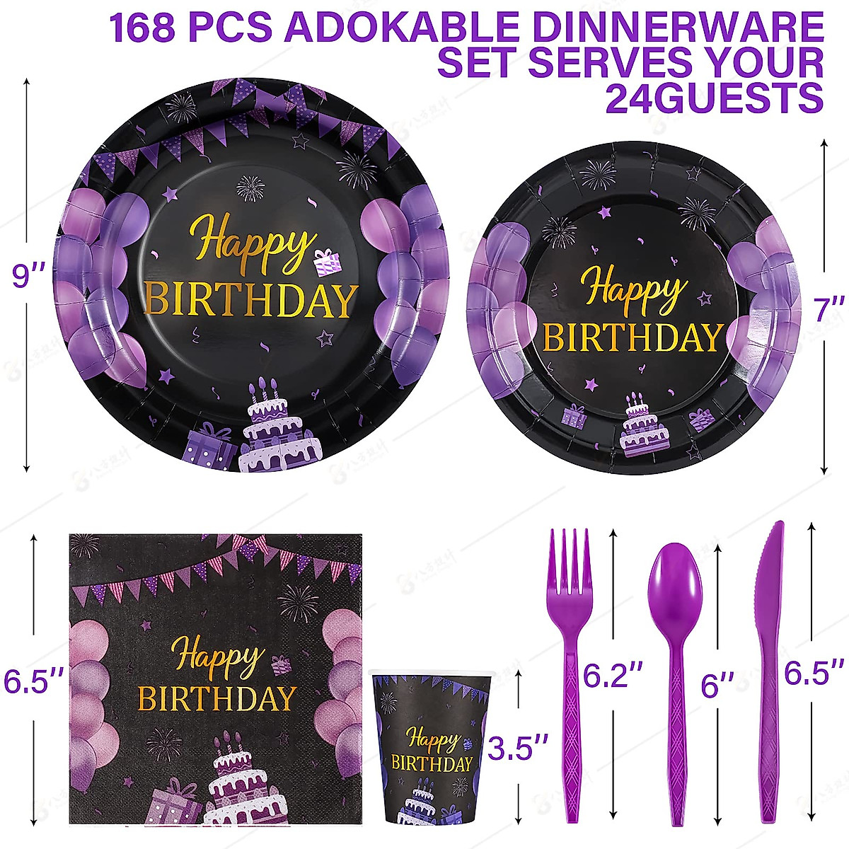 168 Pcs Purple and Black Birthday Party Supplies Tableware Set Party Plates, Knife,Forks,Spoons, Cups and Napkins Table Decorations for Women Girls Birthday Party Decorations, 24 Guests