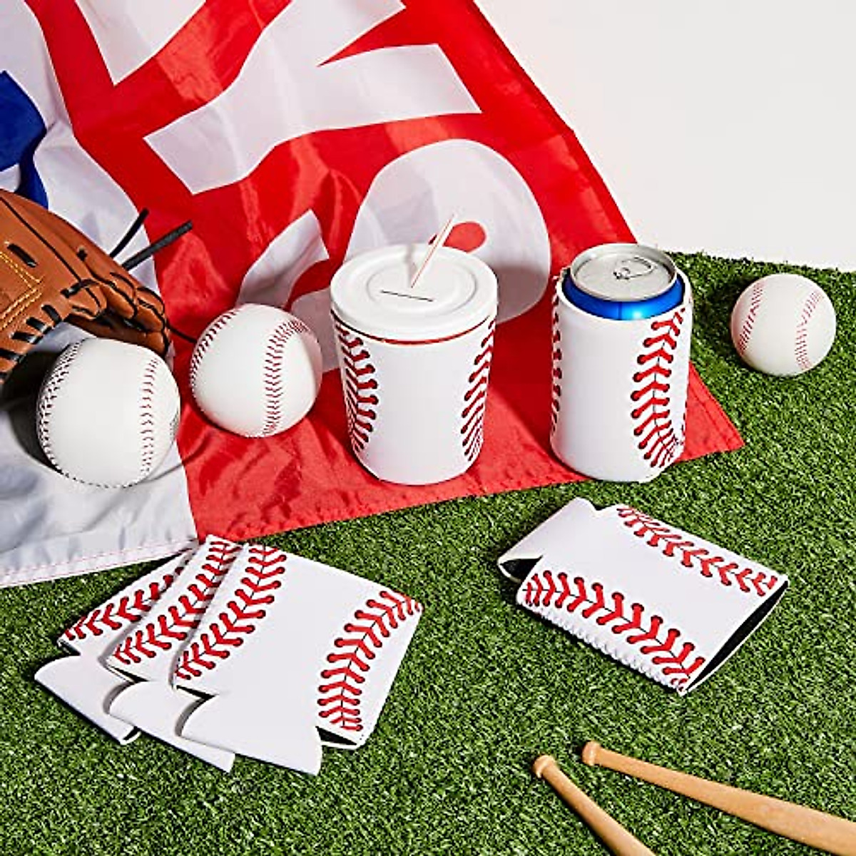 12 Packs Baseball Can Sleeves Neoprene Beer Bottle Cup Insulator Baseball Birthday Party Supplies Reusable Baseball Lovers Gifts for Hot and Cold Drinks Soda Game Party (5.1 x 4 Inch)