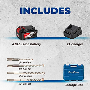DongCheng 20V Max Cordless Rotary Hammer Drill, 7/8" SDS-Plus, 4 Application Modes, Brushless, 2.1 Joules, Cordless Demolition Hammer for Concrete, Including 4.0Ah Battery and Charger, 4 Drill Bits