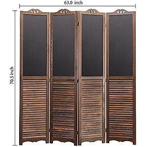 MyGift 4 Panel Rustic Dark Brown Wood Folding Room Divider Decorative Semi Private Screen with Chalkboard Panels and Two Way Hinges