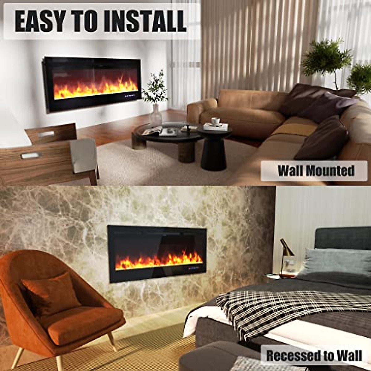 ORALNER Electric Fireplace 50 Inch Wide, Recessed in-Wall & Wall-Mounted Fireplace Insert Heater with Remote, 8H Timer, 9 Flame Colors & 5 Adjustable Brightness, Thermostat, 750W/1500W (50 Inches)