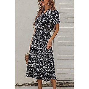 BROVAVE Women's Summer Polka Dot Print Shirt Dress Vintage Short Sleeve Button Down Midi Dress(Dark Blue, S)