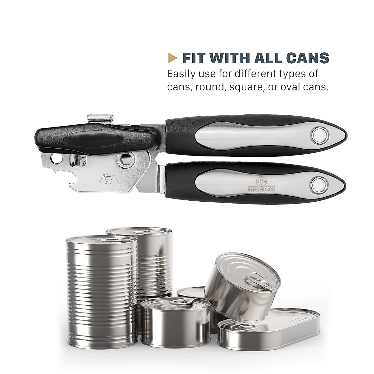 Can Opener Manual Handheld With Magnet, Lid-Lift Safety - Comfortable Anti-Slip Grip Handle And Big Turn Knob - Smooth Edge With Stainless Steel Sharp Blade - Heavy Duty Bottle Can Opener - Black