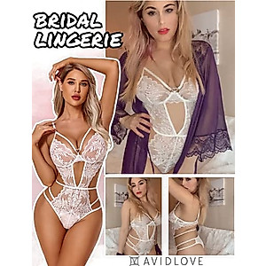 Avidlove Lingerie for Women Sexy Naughty White Lingerie Bridal Lingerie Teddy Deep V Sexy Lace Bodysuit L
