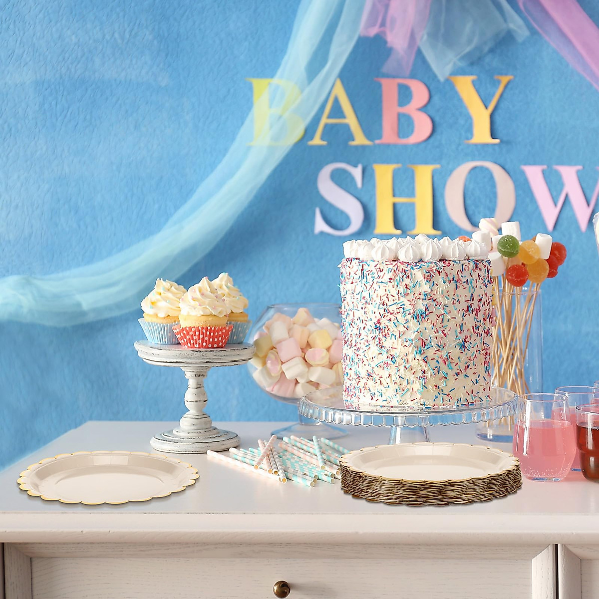 Maxcheck 50 Pcs Creamy White Scalloped Paper Plates with Gold Foil 9 Inches Disposable Paper Party Plates for Cake Dessert Birthday Baby Shower Wedding Tea Party Supplies