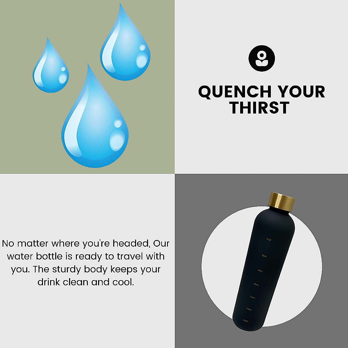 Adapta Bottle Time Marker Motivational Water Bottle 32oz Aesthetic BPA Free Frosted Plastic Water Bottle Perfect for the Gym, Sports and Outdoor Reusable and Leak proof Matte Black