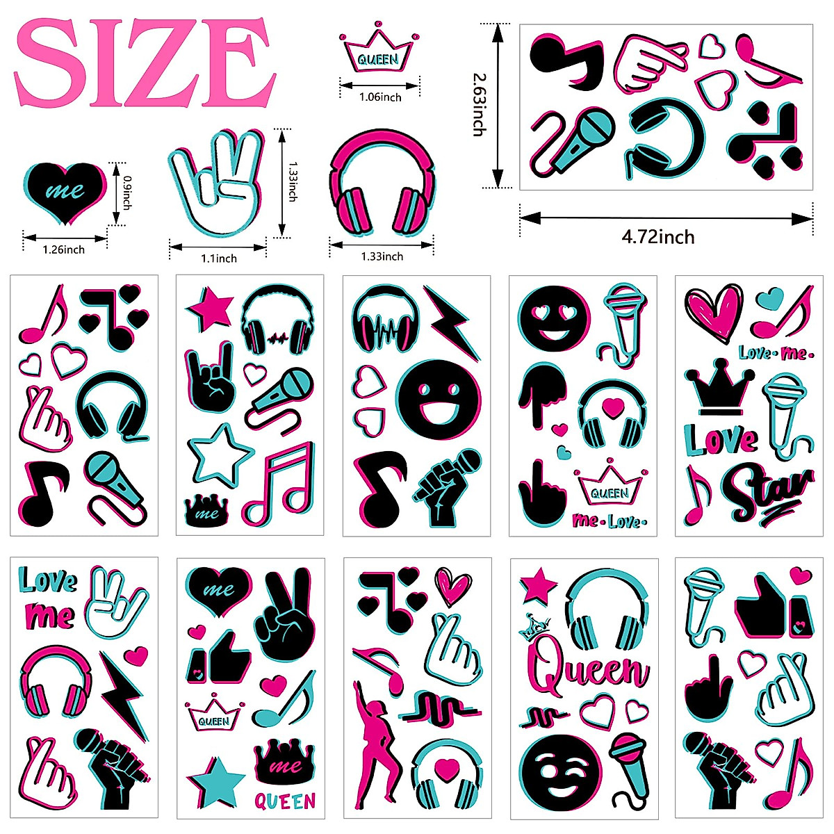 Konsait Glow in The Dark Temporary Tattoos for Kids Adults,10 Sheet Neon Music Party Body Face Tattoos Waterproof Fake Tattoos Stickers for Boys Girls Women Birthday Gifts Glow Party Favor Supplies