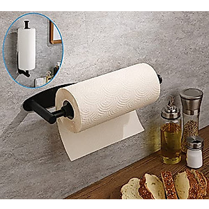 Paper Towel Holder Under Cabinet Wall Mount Paper Towel Holders with Damping Black Stainless Steel Kitchen Under Counter Hanging Paper Towels Rack with Self-Adhesive and Screws