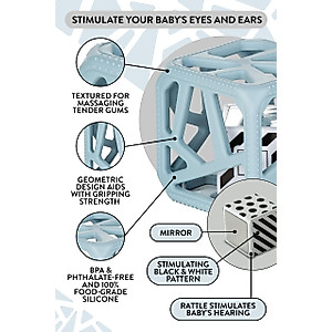 Malarkey Kids Silicone Teething Toys Chew Cube Baby Toy Activity Cube for New Born Babies Toys Rattle Teether Four Way Sensory Stimulation (Easy Grip, BPA Free Non Toxic, Steel Blue, Pack of 1)