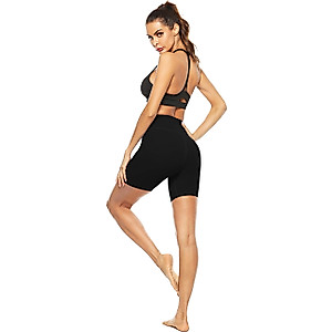 PERSIT Women's High Waist Print Workout Yoga Shorts with 2 Hidden Pockets, Non See-Through Tummy Control Athletic Shorts Black