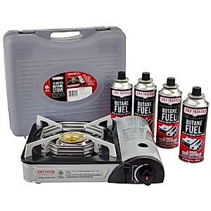 Chef Master 90011 Portable Butane Stove | 10,000 BTU Outlet | Camp Kitchen Equipment | Emergency Stove | Hurricane Stove | Single Burner Camp Stove | Camping Cooking Stove + 4 Fuel Canisters