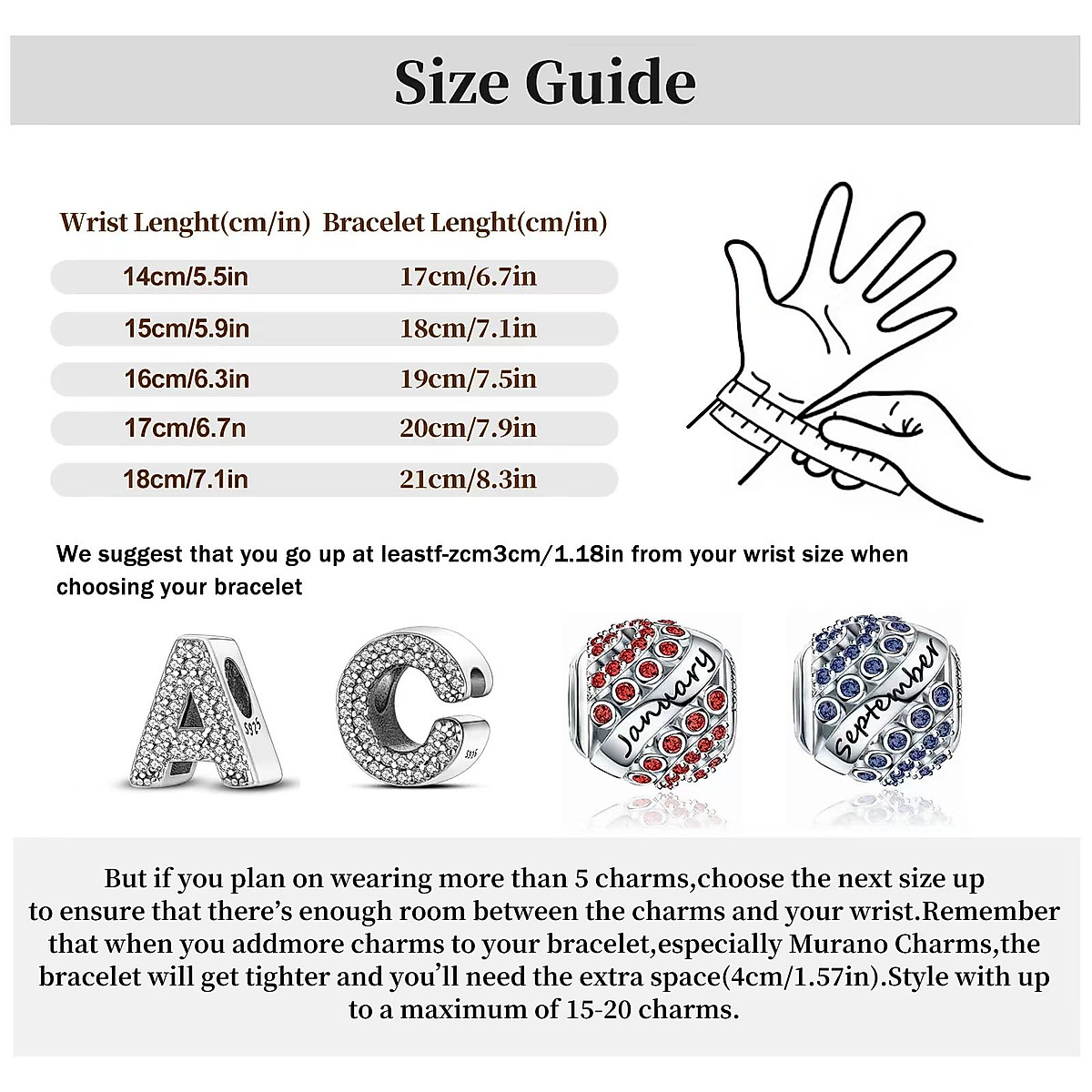 WAKCTFERG Charm Bracelet Fit For Charm beads, 925 Sterling Silver Cubic Zirconia Heart Clasp Snake Chain Bracelet Fit Any Charm Gift for Women Girl Suitable for people aged 12 to 80(ZLL-10, 6.7in/17cm)