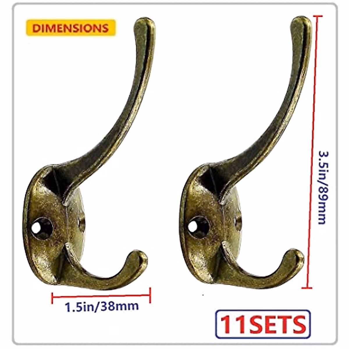 11 Pack Dual Wall Hooks Heavy Duty Made of Metal Wall Mounted with 22 Screws Hooks Fits for Coat,Bag,Towel,Hat,Key,Robes,Retro (Antique Brass, 11PCS)