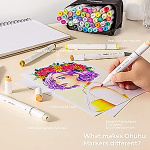 Ohuhu Alcohol Markers Brush Tip: Double Tipped Art Marker Set for Artist Adults Coloring Sketching Drawing Alcohol-based Ink - Brush Chisel Dual Tips - Honolulu - 48 Colors w/ 1 Blender and Case