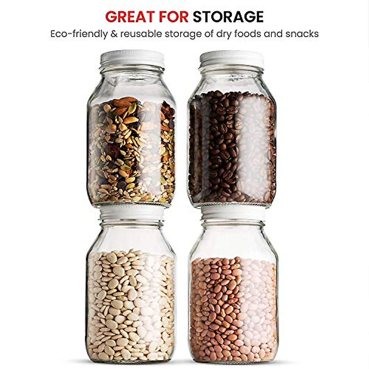 Paksh Novelty - Food Storage Container - Glass Mason Jars - Regular Mouth Jam Jelly Jars, Metal Airtight Lid, Preserving, Decorating, Canning Jar, Craft and Dry Food Storage (32 Ounce)