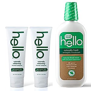 Hello Naturally Whitening Fluoride Toothpaste and Naturally Fresh Antiseptic Mouthwash, Farm Grown Mint, Alcohol Free, Vegan, SLS Free and Gluten Free, 4.7 Ounce Tubes (Pack of 2), 16 Ounce Bottle