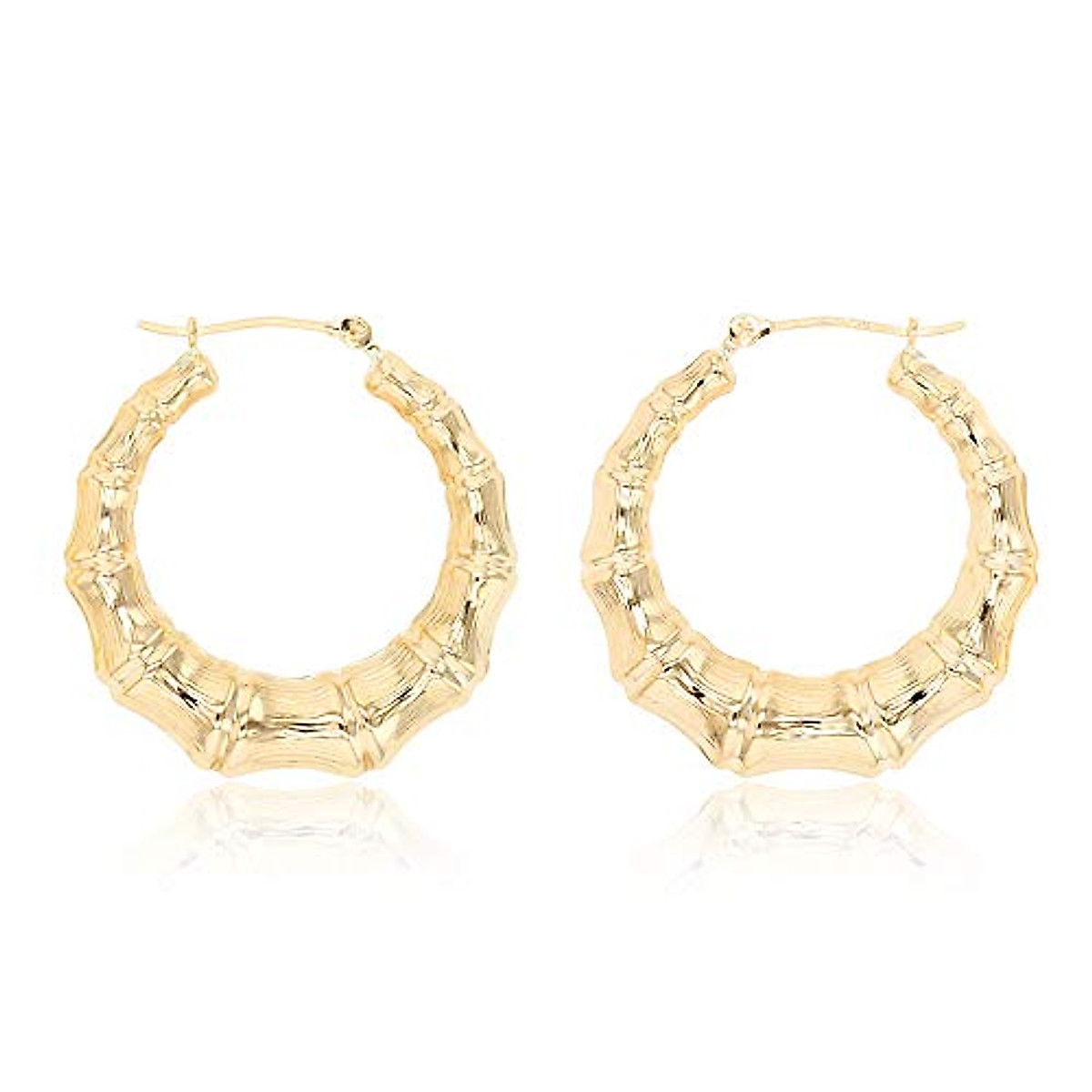 14K Yellow Gold 4.50mm Thick Fancy Bamboo Hoop Earrings with Hinged Clasp | 4.50x30mm Hoop | Round Hoop Earrings | Solid Gold Earrings For Women