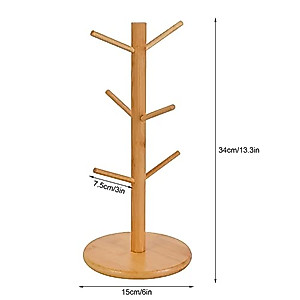 Petucer Mug Holder Tree, Coffee Cup Holder, Coffee Mug Holder for Counter Stand, Countertop Mug Tree, Tea Cup Organizer and Bamboo Mug Rack with 6 Hooks
