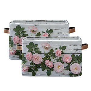 Large Storage Basket Pink Rose Storage Bin Cube Canvas Fabric Organizer Handles Collapsible for Clothes Toys Bedroom Decorative