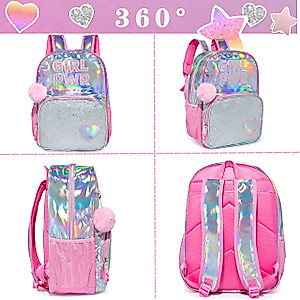 HTgroce Pink Girls Backpack with Lunch Box PWR Preschool Backpack School Bag with Lunch Box Sequin Girls Backpack Set for Elementary Preschool Bookbag Pink