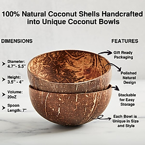 Coconut Bowls and Coconut Spoons Gift Set (Set of 4 Coconut Bowls + 4 Wooden Spoons) - 100% Natural - Vegan - Hand Made - Eco Friendly - Made from Reclaimed Coconut Shells - Bowls For Eating