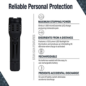 SABRE Stun Gun with LED Flashlight, Powerful Pain Inducing 1.820 µC Charge, 120 Lumens, Rechargeable Battery, Safety Switch, Includes Wrist Strap and Belt Holder, Black Stun Gun, 6.3"