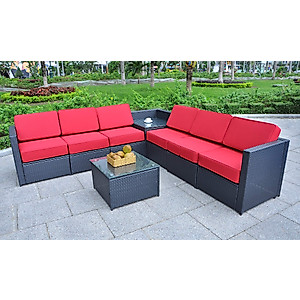 MCombo Outdoor Patio Black Wicker Furniture Sectional Set Resin Rattan Chair Conversation Sofas with Cushion Covers 6085-1008 (Red)