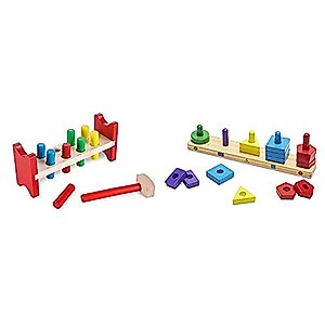 Melissa & Doug Deluxe Wooden Pound-A-Peg Toy with Hammer and Stack and Sort Board - Wooden Educational Toy with 15 Solid Wood Pieces Red, Blue, Yellow, Green, Brown