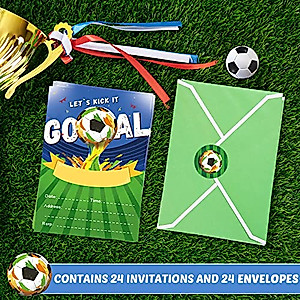 WERNNSAI Soccer Ball Birthday Party Invitations with Envelopes for Boys - Sports Themed Birthday Party Supplies Kids Girls 24 Count Football Blank Party Invites Cards with Goal Stickers