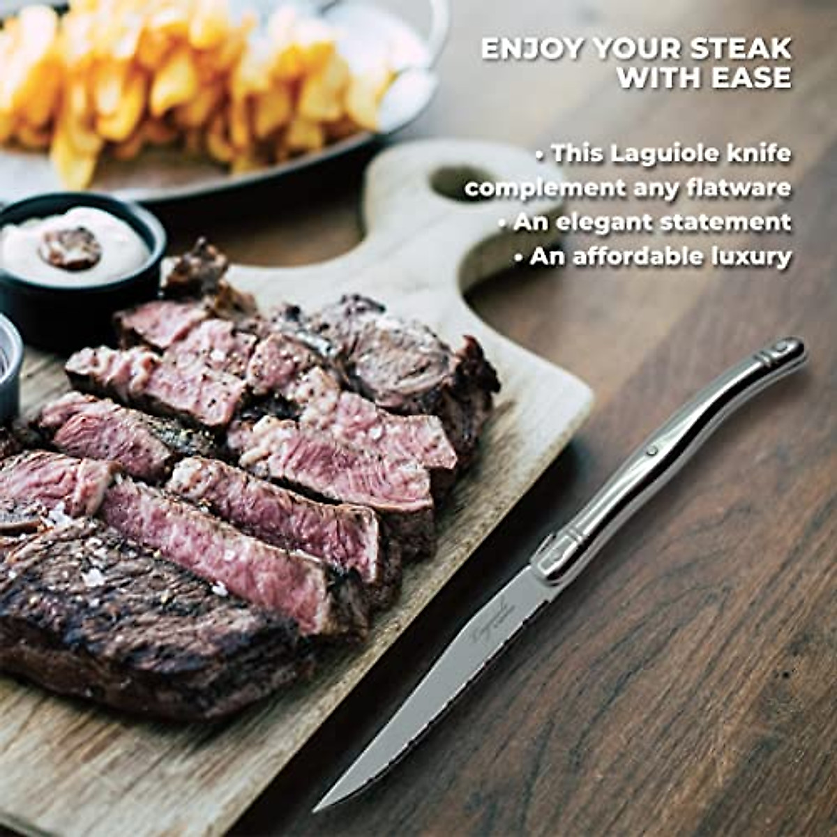 TopKnife Laguiole 6 pcs Steak Knife Set - Stainless Steel Handle - Pine Wood Block