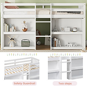 Luckiofvonne Twin Size Low Loft Bed with Storage Shelves, Wood Kids Twin Loft Bed with LED Light and Shelves, Low Loft Bed for Kids, Boys Girls, Strong Wood Slats Support, White