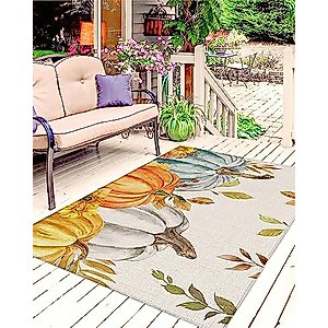 Thanksgiving Fall Outdoor Rug for Patio/Deck/Porch, Non-Slip Area Rug 6x9 Ft, Orange Teal Grey Pumpkin Maple Leaf Rustic Indoor Outdoor Rugs Washable Area Rugs, Reversible Camping Rug Carpet Runner