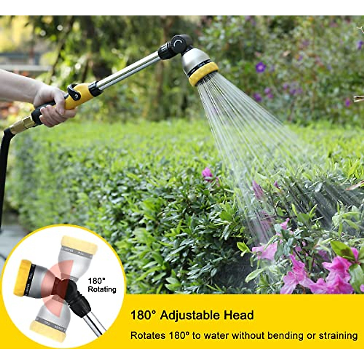 FANHAO 16 Inches Garden Watering Wand, 180° Rotating Head Hose Wand with Thumb Control Shut Off Valve 8 Patterns Heavy Duty Garden Hose Nozzle