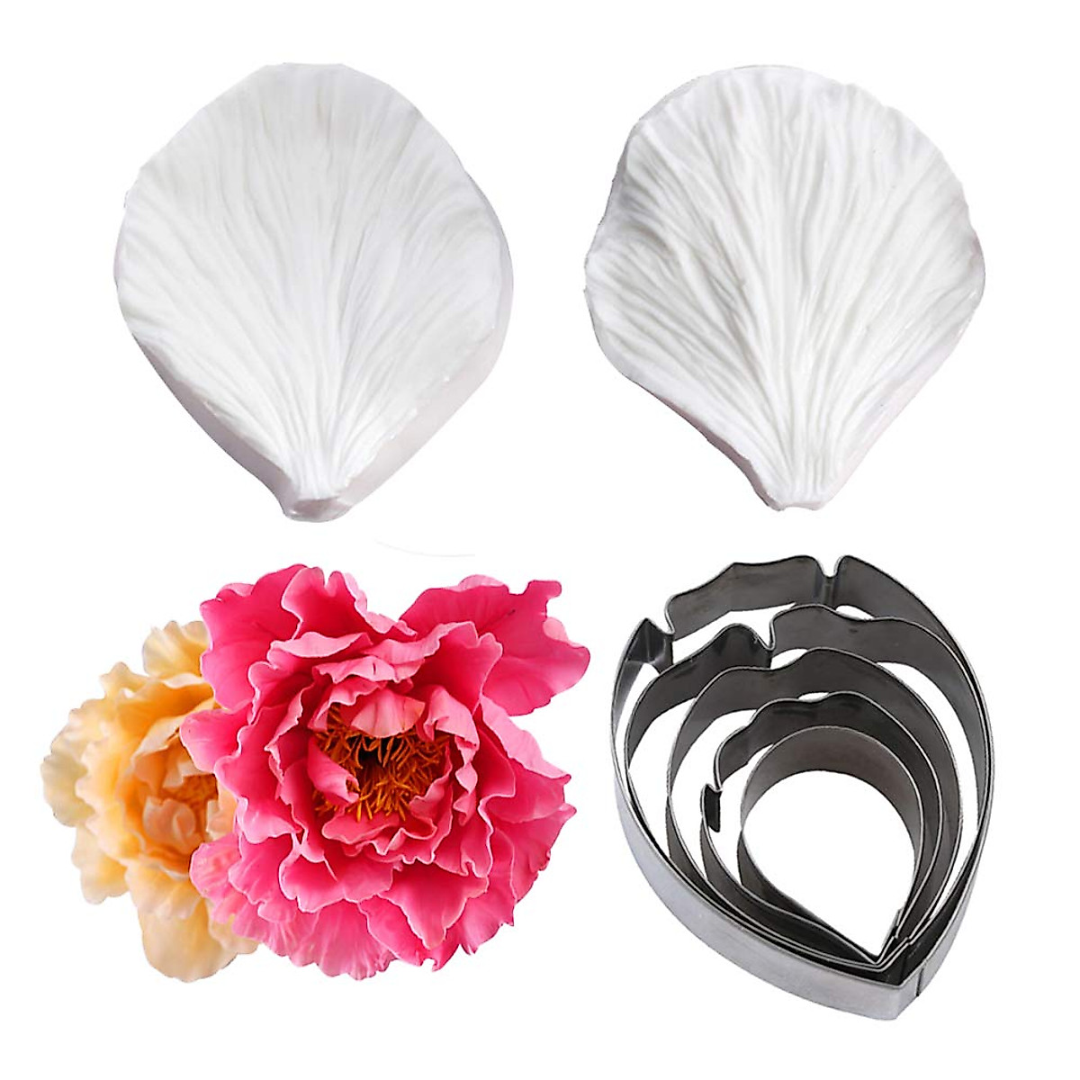 KALAIEN 5pcs Stainless Steel Peony Cutter 2pcs Fondant Silicone Mold Gumpaste Peony Sugarcraft Flower Veining Mold Veiner Petal Making Tool
