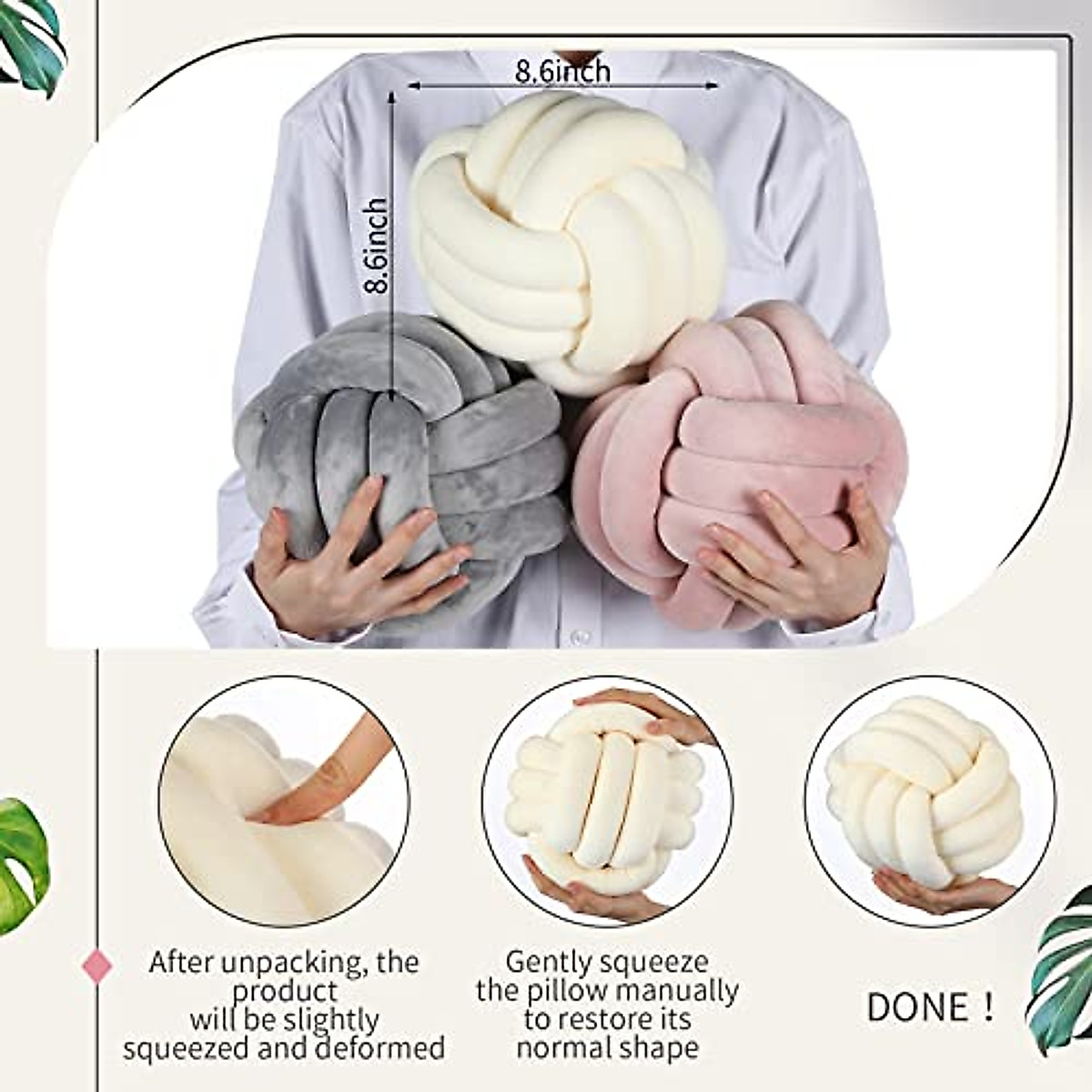 Macarrie 3 Pieces 8.6 Inch Knot Ball Pillow Round Throw Pillow Soft Decorative Plush Cushion Aesthetic Knotted Pillow Home Sofa Floor Bedroom Photography Decor (Milk White, Light Gray, Pink)