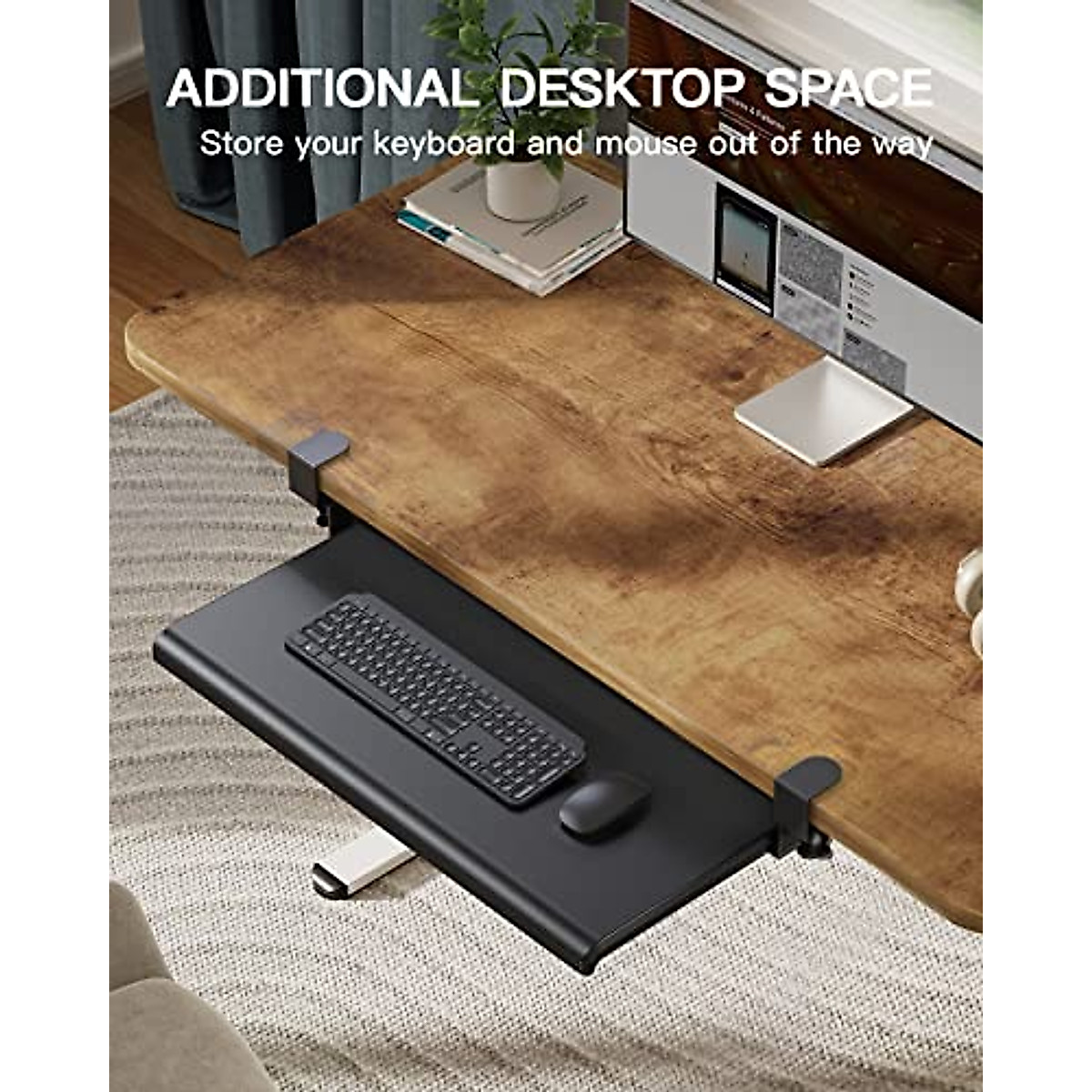 HUANUO Keyboard Tray Under Desk, Ergonomic Large Keyboard Tray with C Clamp, Updated Metal Slide Rail Keyboard Tray Mouse Tray, Pull Out Platform Computer Drawer for Typing, 27.5" W x 12.2" D, Black