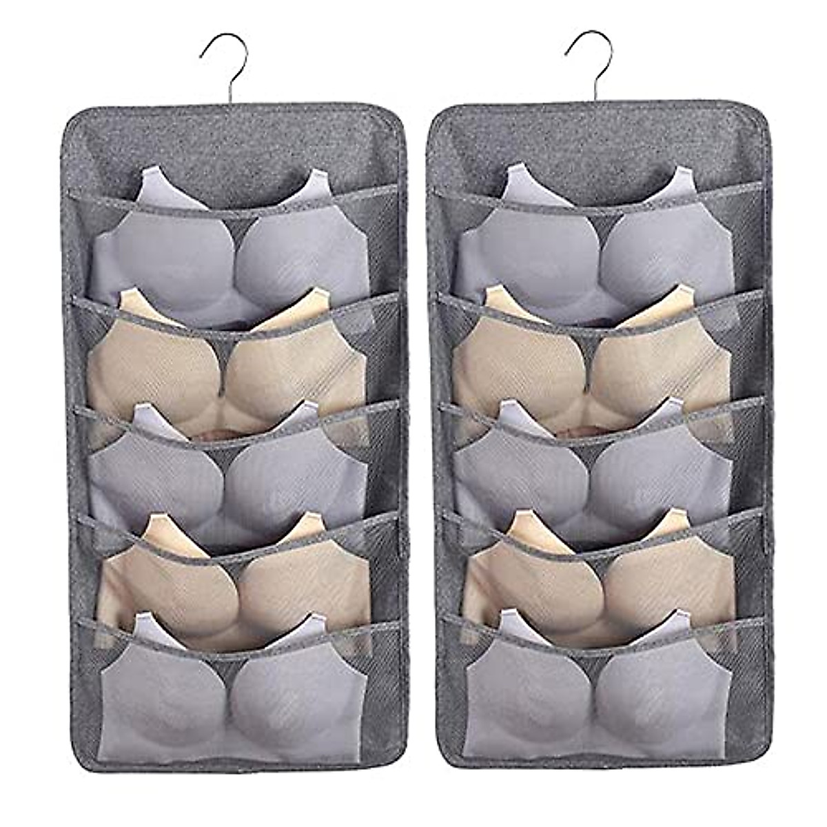 TuuTyss Dual-Sided Hanging Mesh Pockets Closet Organizer for Underwear,Bra,Socks,Accessories with Hanger,10 Large Pockets-Grey