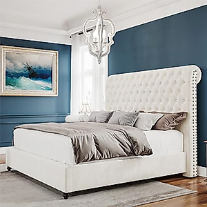 PaPaJet King Size Bed Frame Upholstered Bed Frame King with 52.8” Tall Headboard/Cream