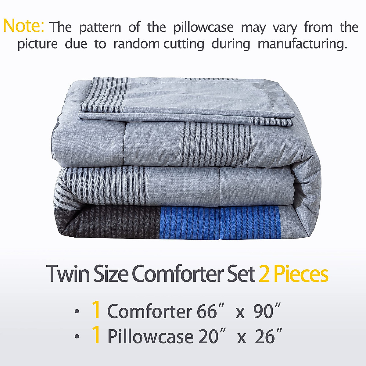 Andency Twin Comforter Set Blue (66x90 Inch), 2 Pieces Patchwork Striped Comforter Bed Sets for Boys, Soft Microfiber Down Alternative Comforter Bedding Set with Corner Loops