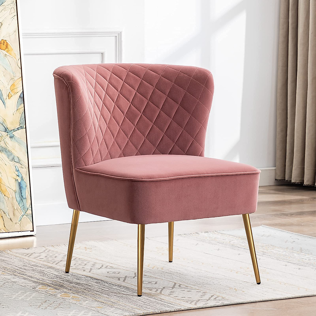 DUHOME Velvet Accent Chair, Armless Slipper Chair, Vanity Chairs Makeup Chair with Back, Upholstered Sofa Chair with Golden Legs Barrel Chair for Living Room, Bedroom Pink