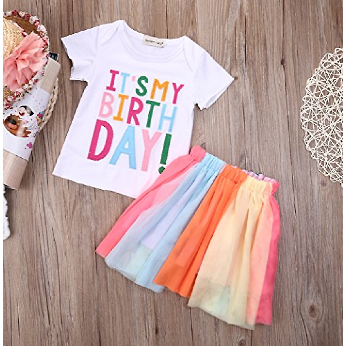 Girls'It's My Birthday Print Shirt Tutu Skirt Dress Outfit Set (White+Pink a, 4-5 Years)