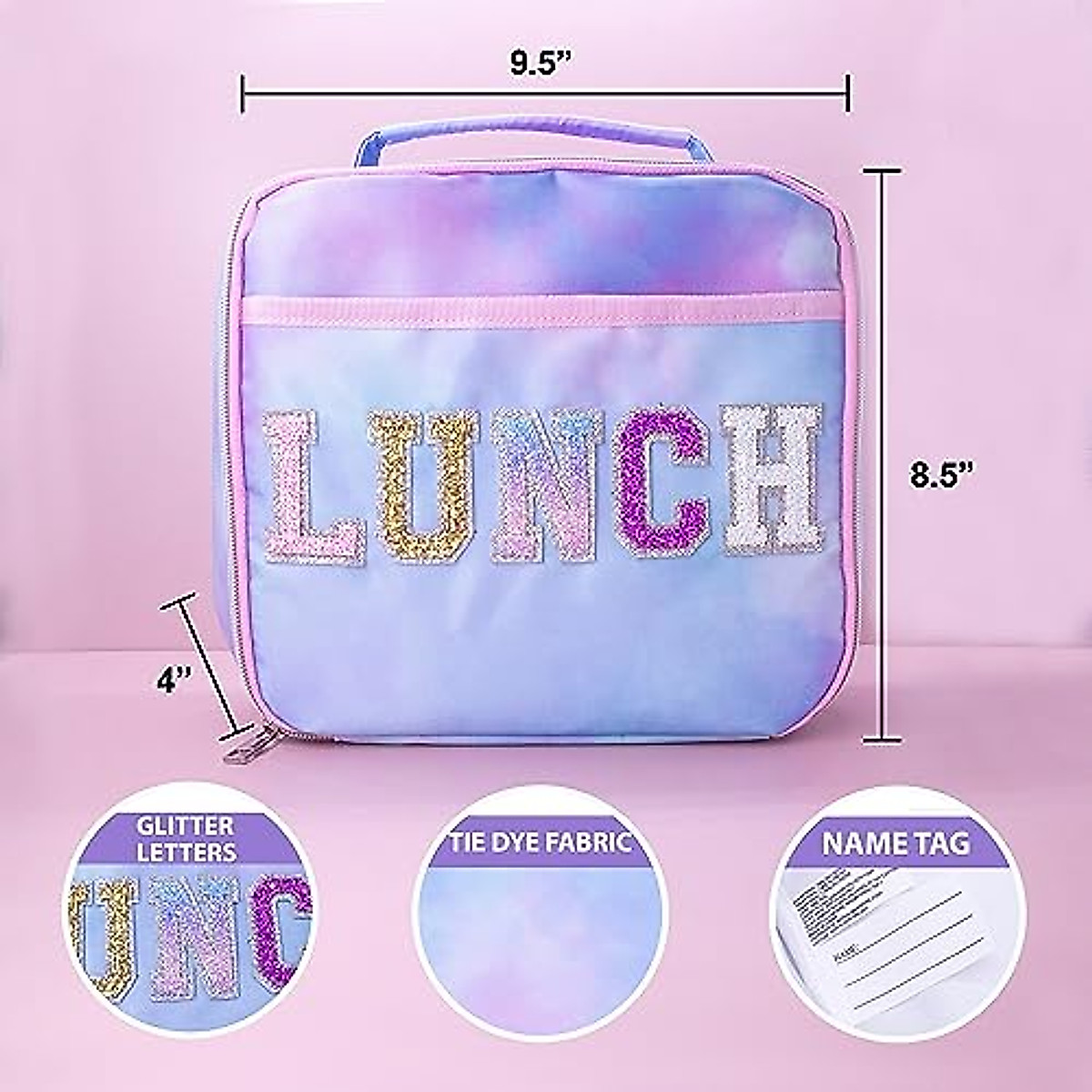 FROG SAC Kids Lunch Bag for Girls, Reusable Insulated Preppy Tie Dye Glitter Varsity Letter Patch Lunch Box, Cute Soft Back to School Tween Lunchbox