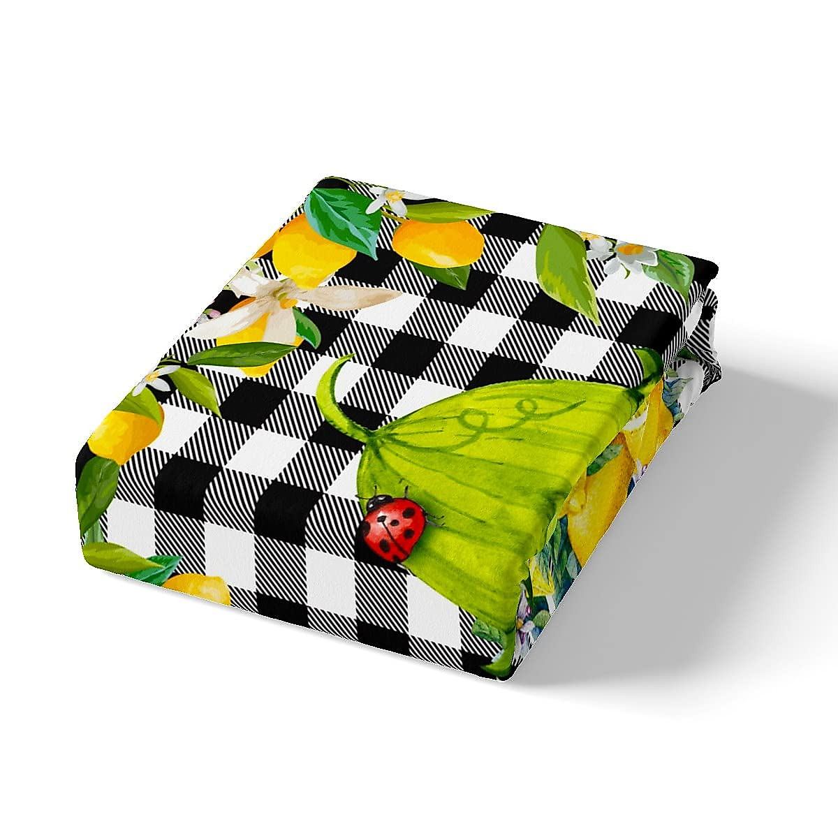 Kawaii Summer Lemon Gnomes Duvet Cover Set King Size,Black White Geometric Grid Bedding Set 3Pcs,Watercolor Summer Fruits Leaves Comforter Cover Cute Butterfly Animals Quilt Cover,Yellow Green